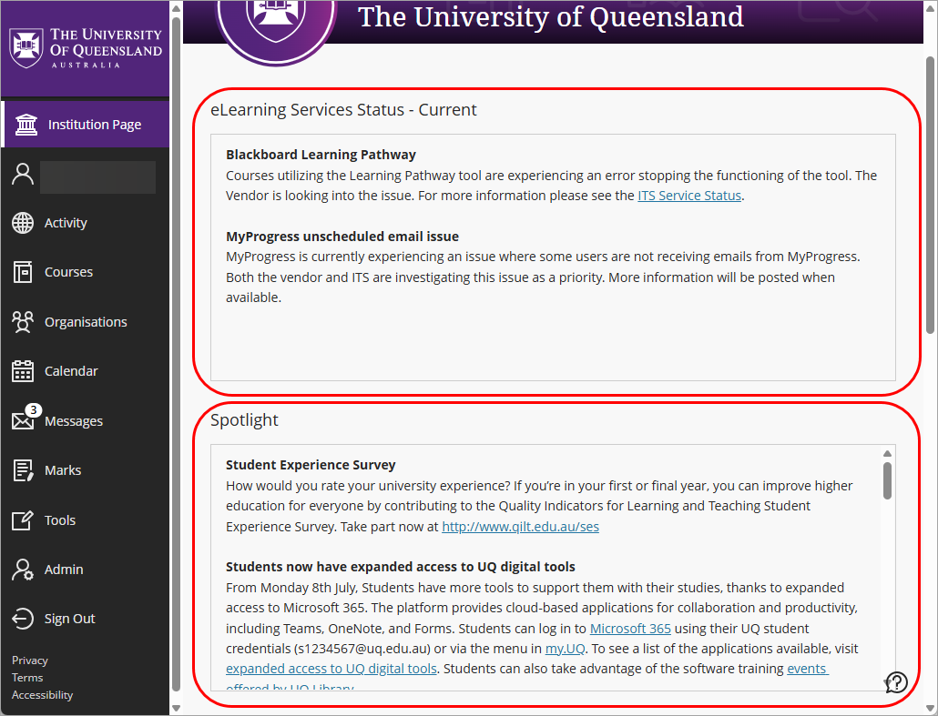 eLearning Service Status and Spotlight (Ultra) - eLearning - University of Queensland